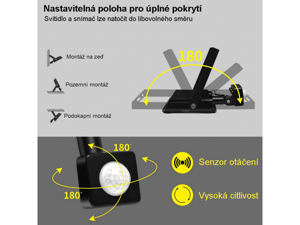 Černý LED reflektor 20W s pohybovým čidlem 5000K denní bílá - LEDSVITI.cz
